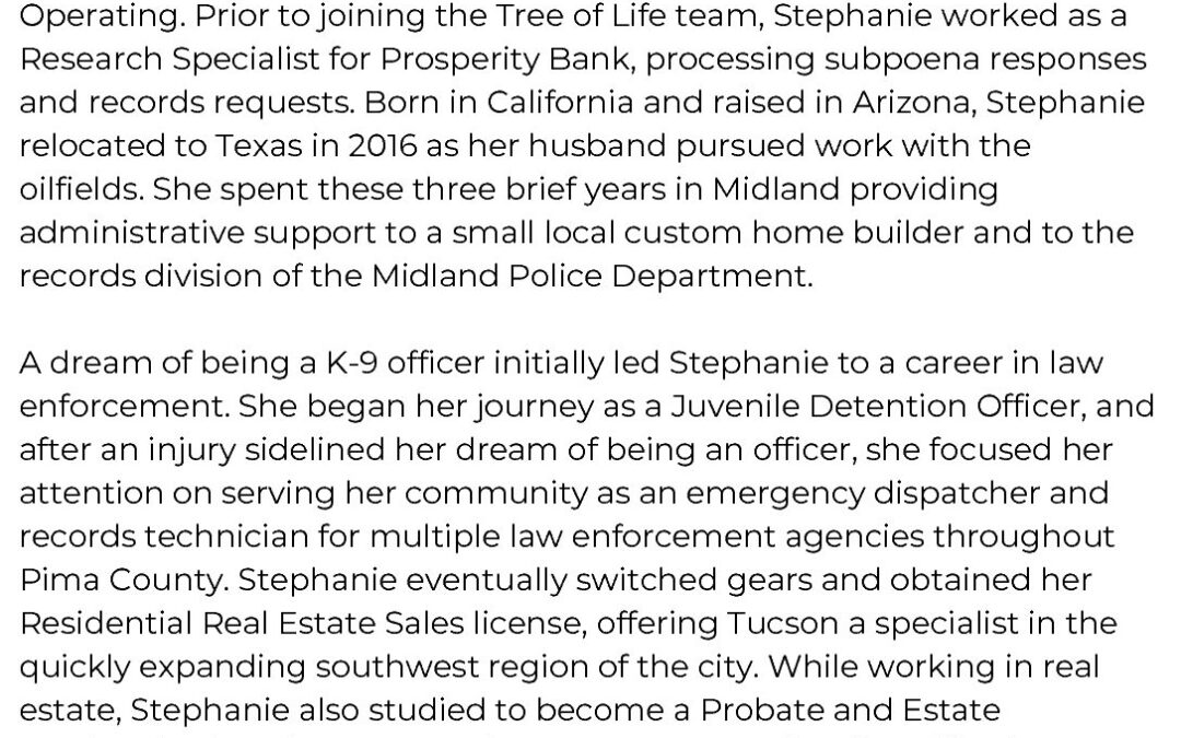 Stephanie Bio | Tree of Life Operating
